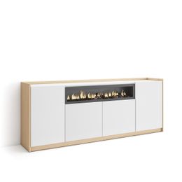 SIDEBOARD, Highboard, Wei&szlig; und Eiche Soft, Elektrokamin, 207/37/80cm