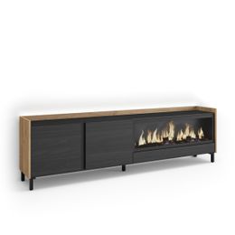 LOWBOARD, Schwarz und Eiche, 212/35/61cm, Kamin mit Feuereffekt XXL