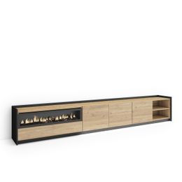 LOWBOARD, Eiche und Schwarz, 310/37/50cm, Kamin mit Feuereffekt