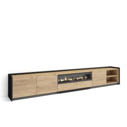 LOWBOARD, Eiche und Schwarz, 310/37/50cm, Kamin mit Feuereffekt