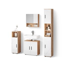 BADM&Ouml;BEL-SET Ronco Wei&szlig; Hochglanz/Goldkraft Eiche 4 Teile, mit Hochschrank