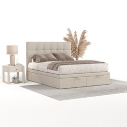 POLSTERBETT Guam mit Stauraum 200/200 cm Hellbeige im Megan Stoff
