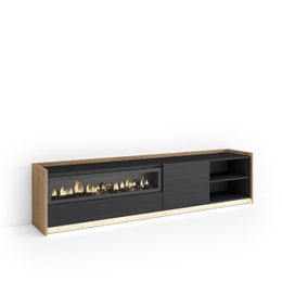 LOWBOARD, Schwarz und Eiche, 207/37/50cm, Kamin mit Feuereffekt