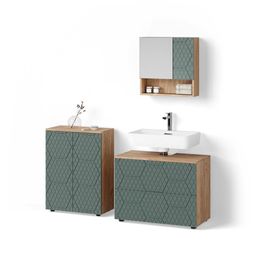 BADM&Ouml;BEL-SET Ronco Gr&uuml;n/Goldkraft Eiche 3 Teile, mit Unterschrank 80 cm