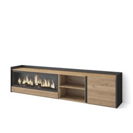 LOWBOARD, Eiche und Schwarz, 212/35/50cm, Kamin mit Feuereffekt XXL