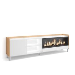 LOWBOARD, Wei&szlig; und Eiche, 212/35/61cm, Kamin mit Feuereffekt XXL
