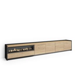 LOWBOARD, Eiche und Schwarz, 310/37/50cm, Kamin mit Feuereffekt