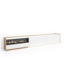 LOWBOARD, Wei&szlig; und Eiche, 310/37/50cm, Kamin mit Feuereffekt