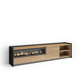 LOWBOARD, Eiche und Schwarz, 207/37/50cm, Kamin mit Feuereffekt