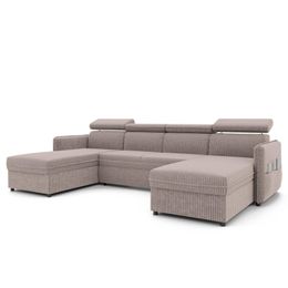 WOHNLANDSCHAFT U-Form Beni mit Schlaffunktion, Cord-Stoff Poso 02 Hellbraun