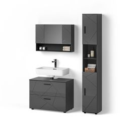 BADM&Ouml;BEL-SET Ronco Anthrazit Hochglanz 3 Teile, mit Spiegelschrank 80 cm