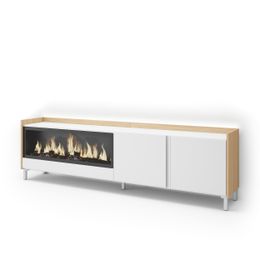 LOWBOARD, Wei&szlig; und Eiche, 212/35/61cm, Kamin mit Feuereffekt XXL