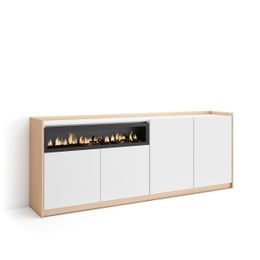 SIDEBOARD, Highboard, Wei&szlig; und Eiche Soft, Elektrokamin, 207/37/80cm