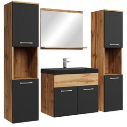 Badplaats BADM&Ouml;BEL-SET Montreal 5 Teile Eiche / Schwarz - Schwarze Waschbecken - 60 x 35 x 51 cm