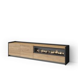 LOWBOARD, Eiche und Schwarz, 207/37/50cm, Kamin mit Feuereffekt