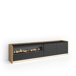LOWBOARD, Schwarz und Eiche, 207/37/50cm, Kamin mit Feuereffekt