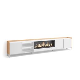 LOWBOARD, Wei&szlig; und Eiche, 315/35/61cm, Kamin mit Feuereffekt XXL