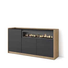 SIDEBOARD, Highboard, Schwarz Eiche, Elektrokamin, 156/37/80cm