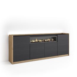 SIDEBOARD, Schwarz und Eiche, 207/37/80cm, Kamin mit Feuereffekt