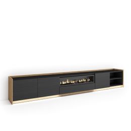 LOWBOARD, Schwarz und Eiche, 310/37/50cm, Kamin mit Feuereffekt