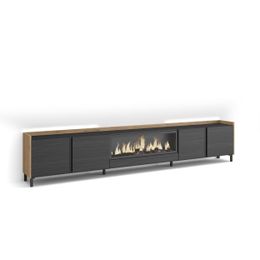 LOWBOARD, Schwarz und Eiche, 315/35/61cm, Kamin mit Feuereffekt XXL