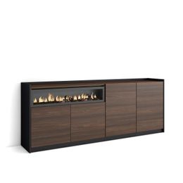SIDEBOARD, Highboard, Dunkler Eiche und Schwarz, Elektrokamin, 207/37/80cm