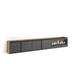 LOWBOARD, Schwarz und Eiche, 315/35/50cm, Kamin mit Feuereffekt XXL