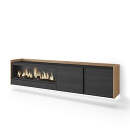 LOWBOARD, Schwarz und Eiche, 212/35/50cm, Kamin mit Feuereffekt XXL