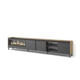 LOWBOARD, Schwarz und Eiche, 315/35/61cm, Kamin mit Feuereffekt XXL