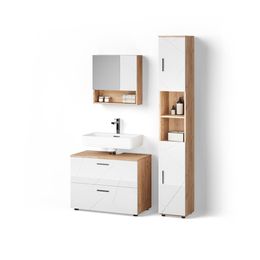 BADM&Ouml;BEL-SET Ronco Wei&szlig; Hochglanz/Goldkraft Eiche 3 Teile, mit Schubladenschrank und Hochschrank