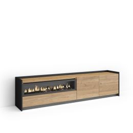 LOWBOARD, Eiche und Schwarz, 207/37/50cm, Kamin mit Feuereffekt