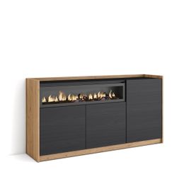 SIDEBOARD, Highboard, Schwarz Eiche, Elektrokamin, 156/37/80cm