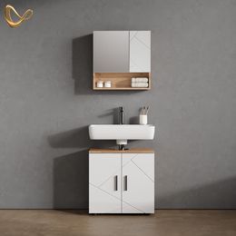 BADM&Ouml;BEL-SET Ronco Wei&szlig; Hochglanz/Goldkraft Eiche 2 Teile, Unterschrank 60 cm