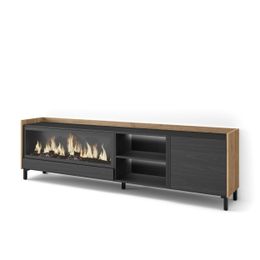 LOWBOARD, Schwarz und Eiche, 212/35/61cm, Kamin mit Feuereffekt XXL