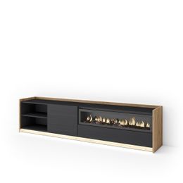 LOWBOARD, Schwarz und Eiche, 207/37/50cm, Kamin mit Feuereffekt