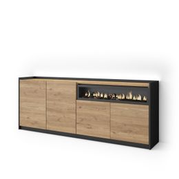 SIDEBOARD, Eiche und Schwarz, 207/37/80cm, Kamin mit Feuereffekt
