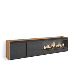 LOWBOARD, Schwarz und Eiche, 212/35/50cm, Kamin mit Feuereffekt XXL