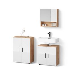 BADM&Ouml;BEL-SET Ronco Wei&szlig; Hochglanz/Goldkraft Eiche 3 Teile, mit Unterschrank 60 cm