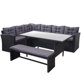 MCW POLY-RATTAN-GARNITUR MIT BANK Schwarz 1 Eckbank, 1 Tisch, 1 Sitzbank-Set
