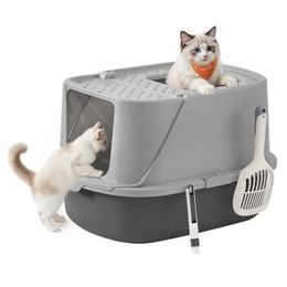 FEANDREA Katzenklo gro&szlig; XXL, Katzentoilette mit Deckel, mit Schaufel und B&uuml;rste hellgrau