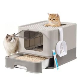 FEANDREA Katzenklo Edelstahl, Katzentoilette mit Schublade, Schaufel, B&uuml;rste, 2 Eing&auml;nge hellgrau