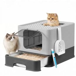 FEANDREA Katzenklo Edelstahl, Katzentoilette mit Schublade, Schaufel, B&uuml;rste, 2 Eing&auml;nge schiefergrau