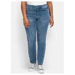 Stretch-Jeans sheego, Damen, Gr. 42, Normalgr&ouml;&szlig;en, blau (blau denim), 96% Baumwolle, 4% Elasthan, unifarben, lang, Jeans