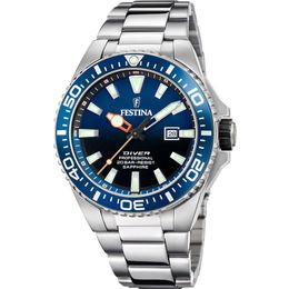 Taucheruhr Festina "Diver Collection", silber (silberfarben, blau, schwarz), Armbanduhren, Herren, Armbanduhr, Quarzuhr, Herrenuhr, Edelstahlarmband, Datum, Saphirglas