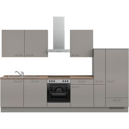 K&uuml;chenzeile Nobilia "Laser I", NEU: individuell anpassbar mit gratis Profi-Beratung", grau (k&uuml;che: grau, korpus: taupegrau, arbeitsplatte: eiche havanna nachbildung), B:330,3cm H:216,6cm T:60cm, Komplettk&uuml;chen-Sets, K&uuml;chenzeile, vormontiert, 330 cm breit, optional mit verschiedenen E‑Ger&auml;te-Sets