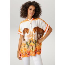 Kurzarmbluse Aniston CASUAL, Damen, Gr. 36/38, wollwei&szlig;, orange, gelb, rot, rosa, khaki, braun, gr&uuml;n, Web, Obermaterial: 100% Viskose, bedruckt, gebl&uuml;mt, oversize h&uuml;ftbedeckend, Blusen, mit Leoparden, tropischen V&ouml;geln, Bl&uuml;ten + Bl&auml;ttern