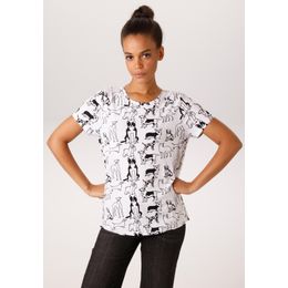 T-Shirt Aniston CASUAL, Damen, Gr. 42, wei&szlig;, schwarz, Single Jersey, Obermaterial: 95% Viskose (LENZING&trade; ECOVERO&trade;), 5% Elasthan, bedruckt, figurumspielend h&uuml;ftlang, Rundhals, Shirts T-Shirt, allover mit niedlichen Hunden bedruckt