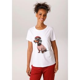T-Shirt Aniston CASUAL, Damen, Gr. 38, wei&szlig;, rot, schwarz, hellgrau, orange, gelb, Single Jersey, Obermaterial: 95% Baumwolle, 5% Elasthan, bedruckt, figurumspielend h&uuml;ftlang, Rundhals, Shirts T-Shirt, mit Dackel oder Mops bedruckt - du hast die Wahl, Topseller