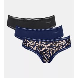 Hipster Sloggi "GO Crush Hipster C3P", Damen, Gr. L, blau (blau, schwarz combination), Single Jersey, Obermaterial: 95% Polyamid, 5% Elasthan, mehrfarbig, k&ouml;rpernah, Unterhosen, mit Spitzendetails
