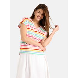 LIEBLINGSST&Uuml;CK T-Shirt LIEBLINGSST&Uuml;CK "HeleneL", Damen, Gr. L, sanftes wei&szlig;, Single Jersey, Obermaterial: 100% Baumwolle, gestreift, normal, V-Ausschnitt, H&auml;kelkante, Shirts T-Shirt, mit V-Ausschnitt, &Auml;rmeldetails